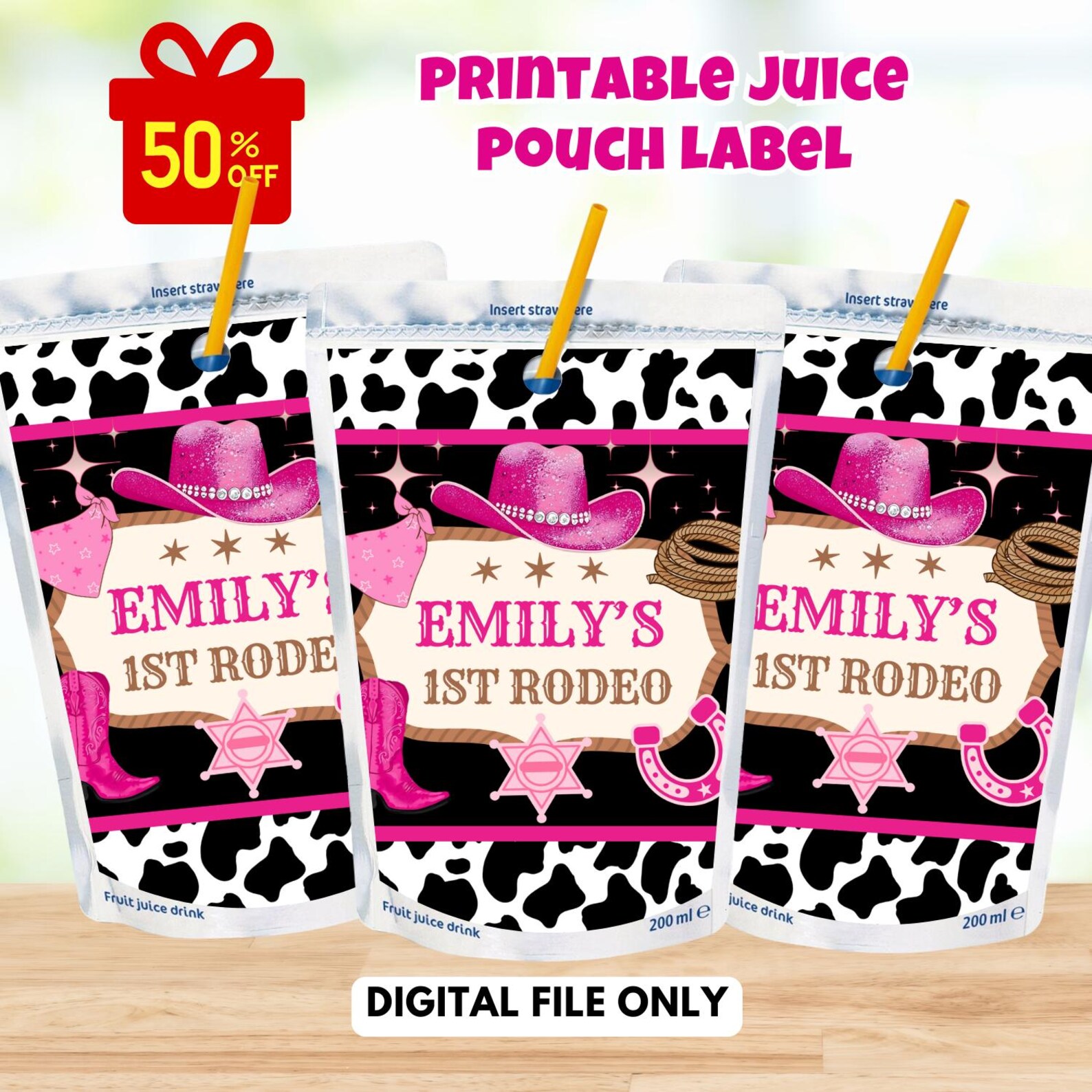Editable Cowgirl Juice Pouch Label: Pink Western 1st Rodeo , Juice ...