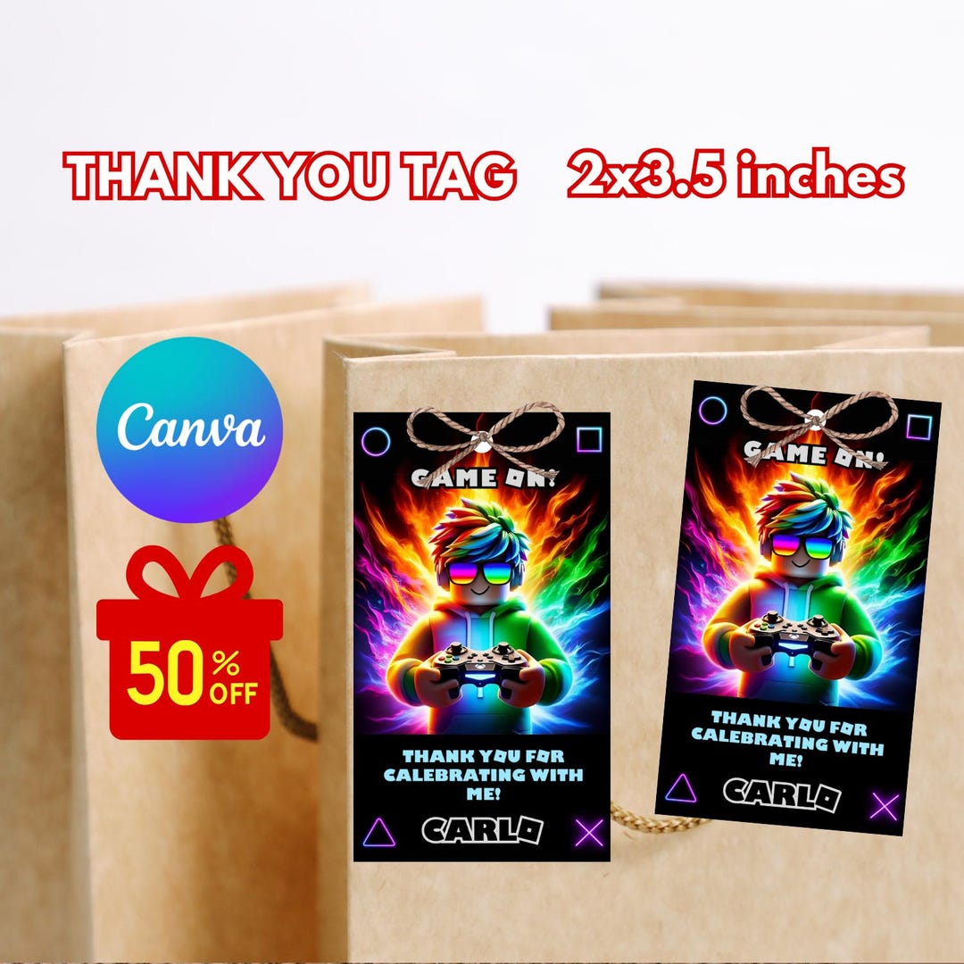 Thank You Tags Birthday, Roblox Gift Tags, Roblox Party Favor Label ...