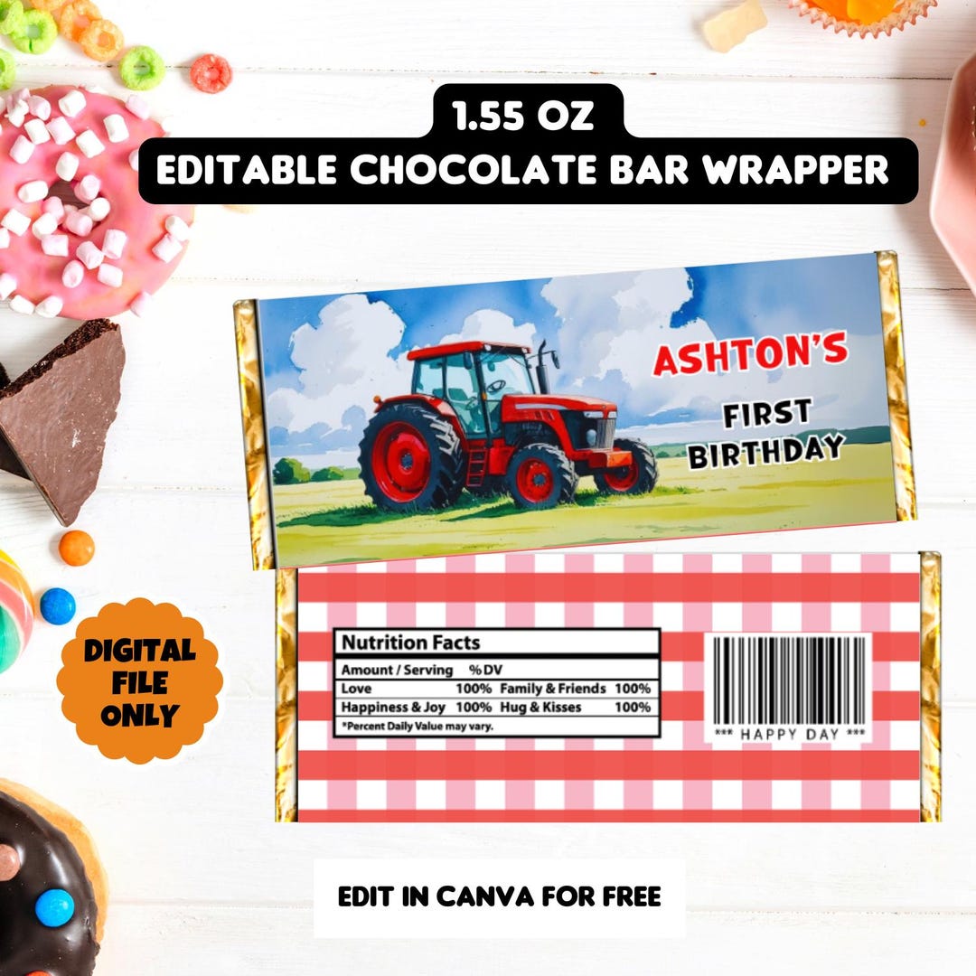 Editable Red Tractor Birthday Party Chocolate Wrapper, Farm 1st ...