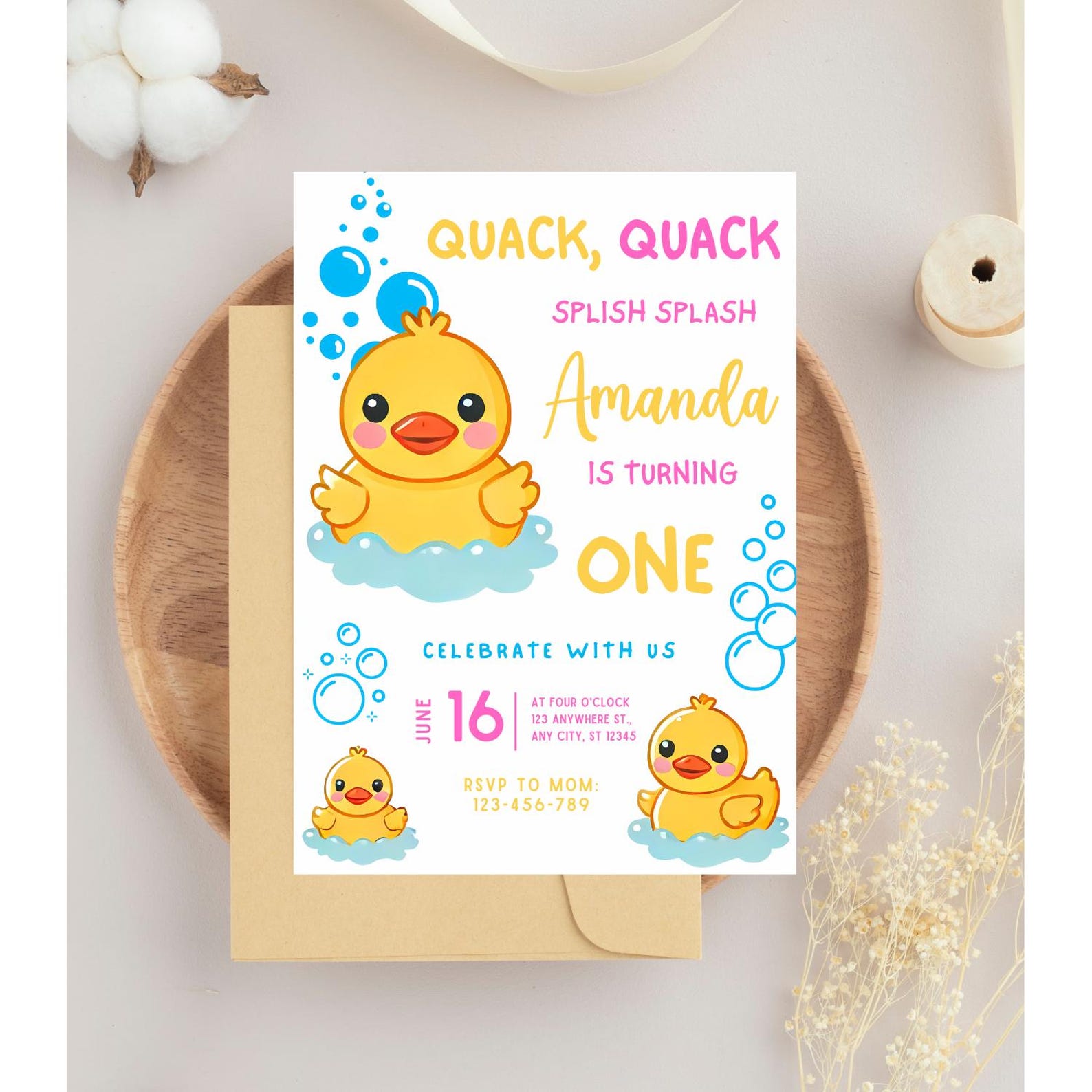 Duck Birthday Invitation, Duck Party Invitation, Duck Invitation, Girl ...