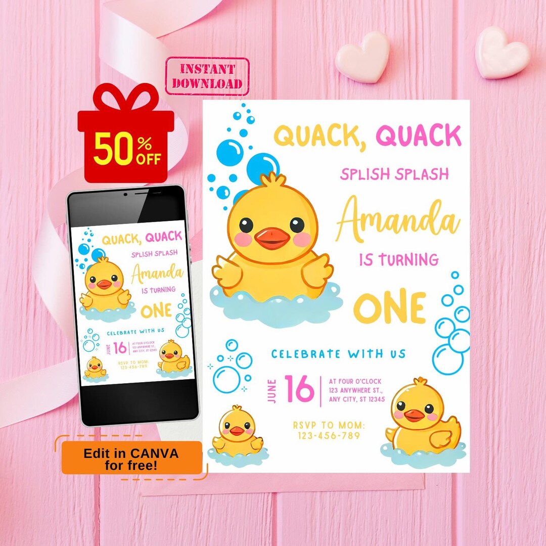 Duck Birthday Invitation, Duck Party Invitation, Duck Invitation, Girl ...