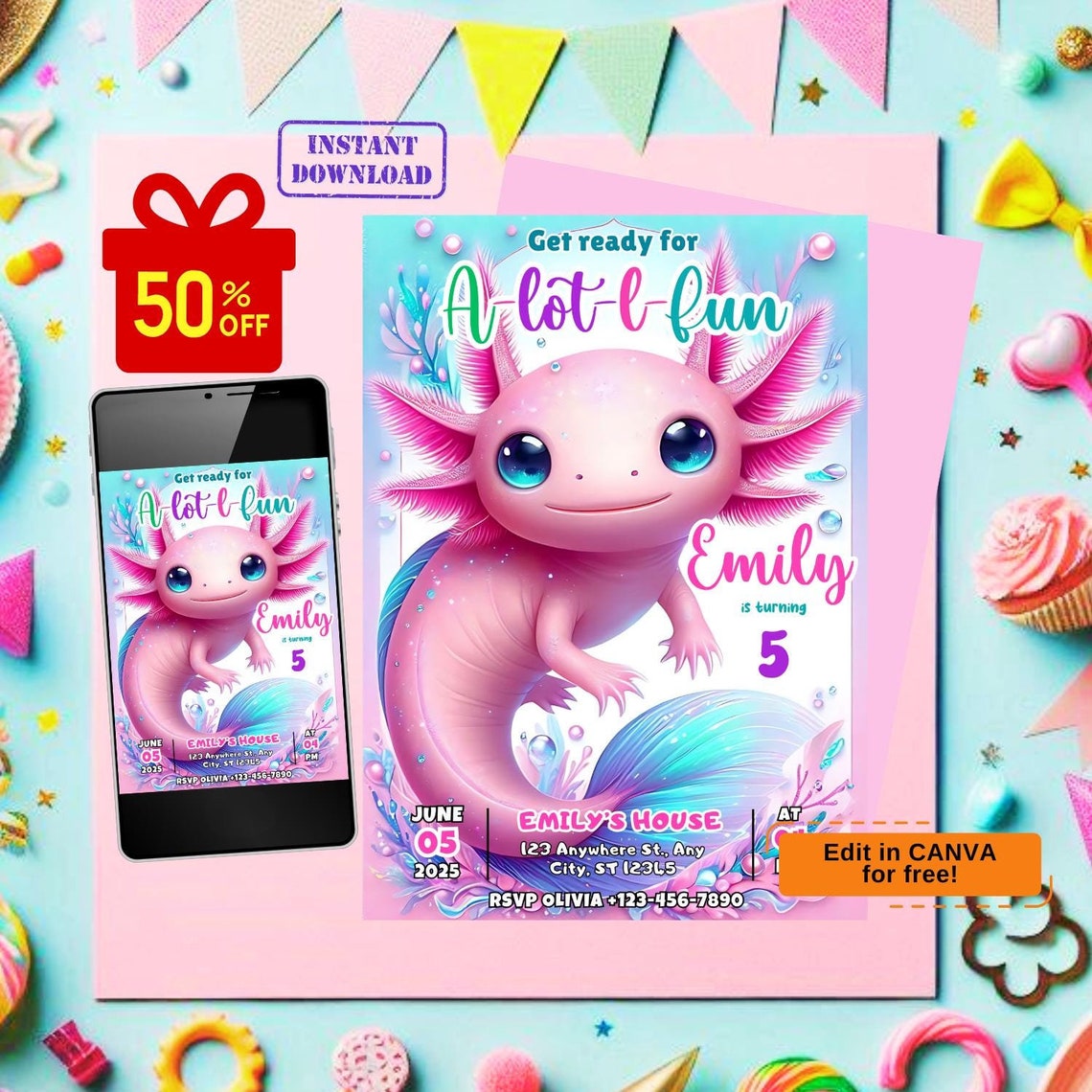 Axolotl Birthday Invitation Pastel for Girl Editable Pink Axolotls ...