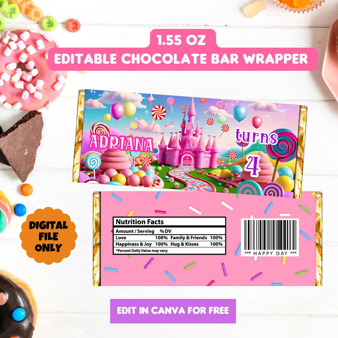 Editable Candy Land Chocolate Wrapper, Candy Bar Wrapper, Candy Theme ...