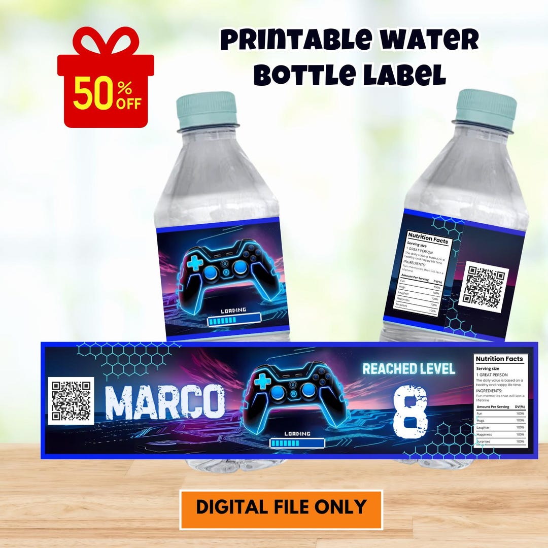 Editable Video Game Water Bottle Labels, Video Game Label, Gamer Water ...