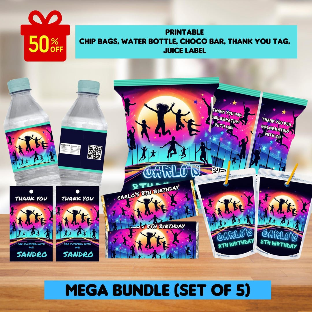 Editable Trampoline Park Bundle Template, Chip Bag, Juice Pouch Label ...