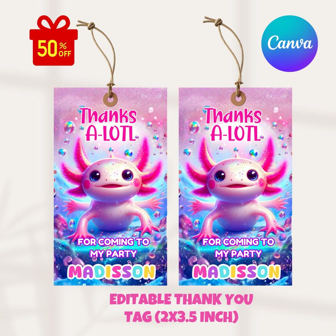 Axolotl Thank You Tags, Pink Girl Axolotl, Axolotl Party, Party ...