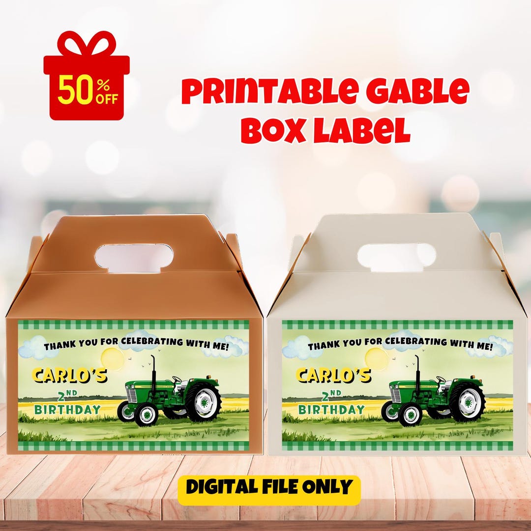 Editable Tractor Gable Box Label, Green Tractor Goodie Box Sticker ...