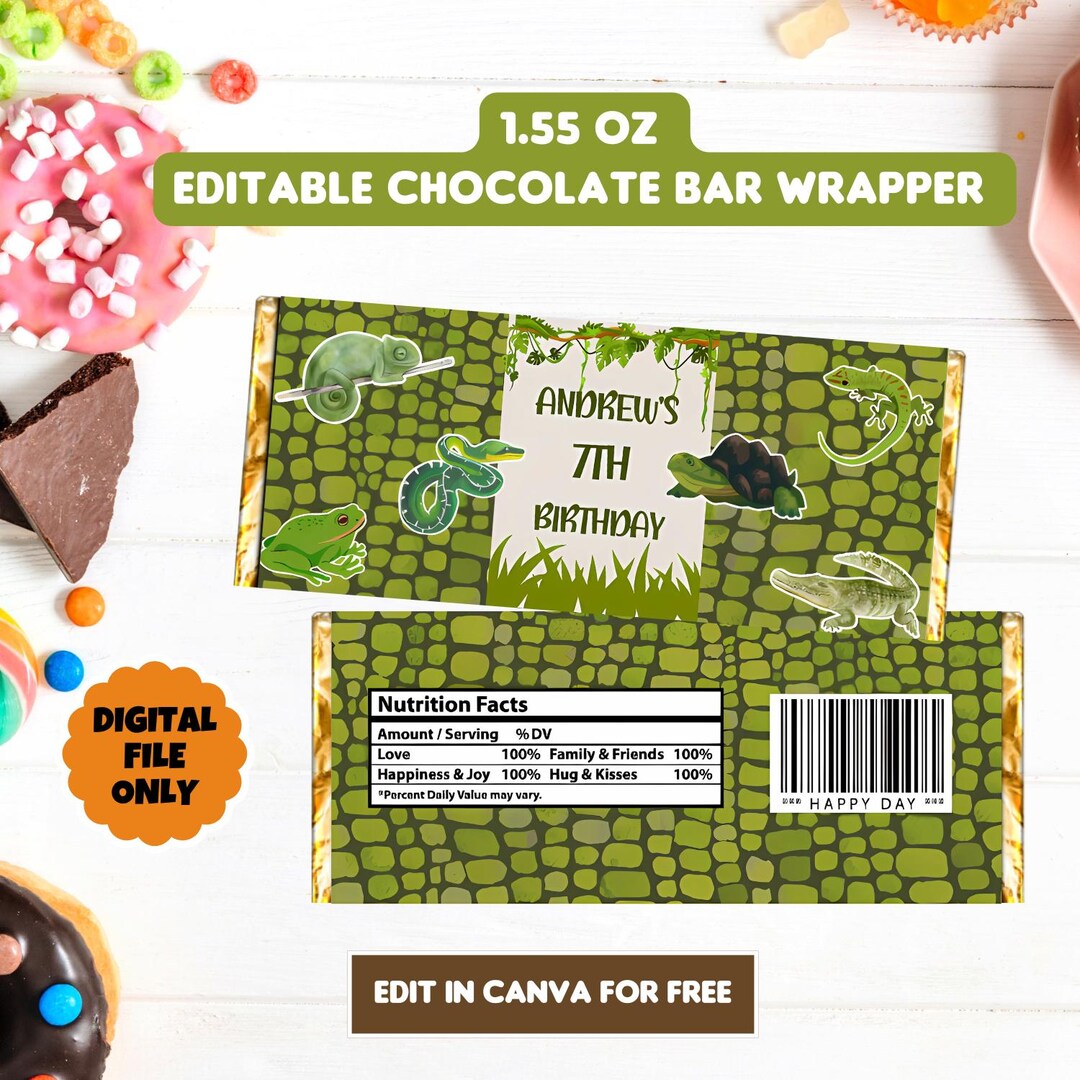 Editable Reptiles Chocolate Bar Label Template, Candy Bar Wrapper, Boy ...