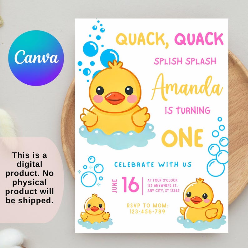 Duck Birthday Invitation, Duck Party Invitation, Duck Invitation, Girl ...