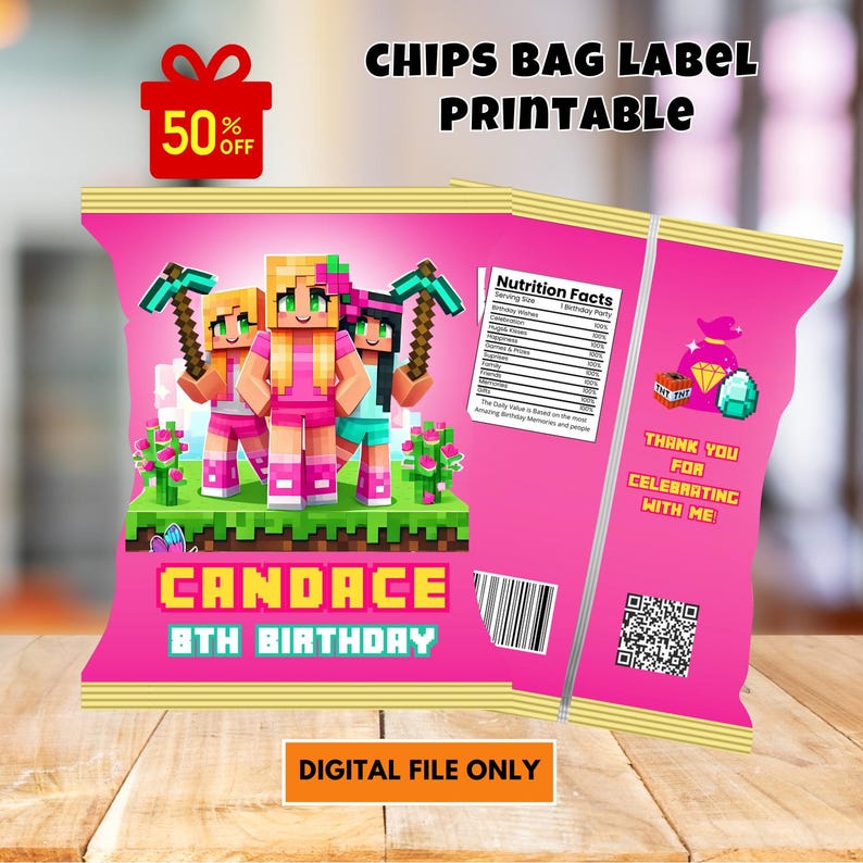 Minecrafter Girl Chip Bag Printable Template, Personalized Chip Bag ...