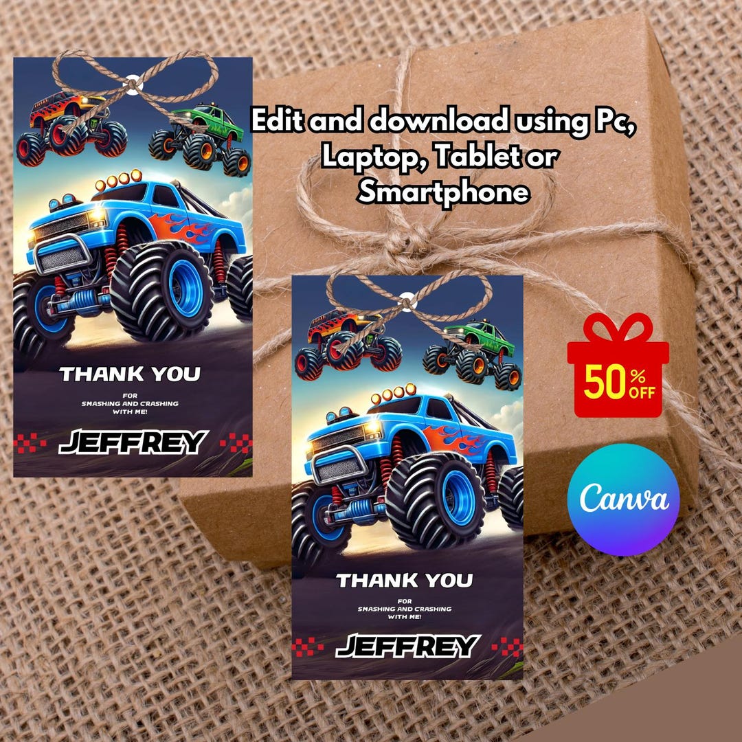 Editable Monster Truck Thank You Tags, Monster Truck Thank You Tag ...