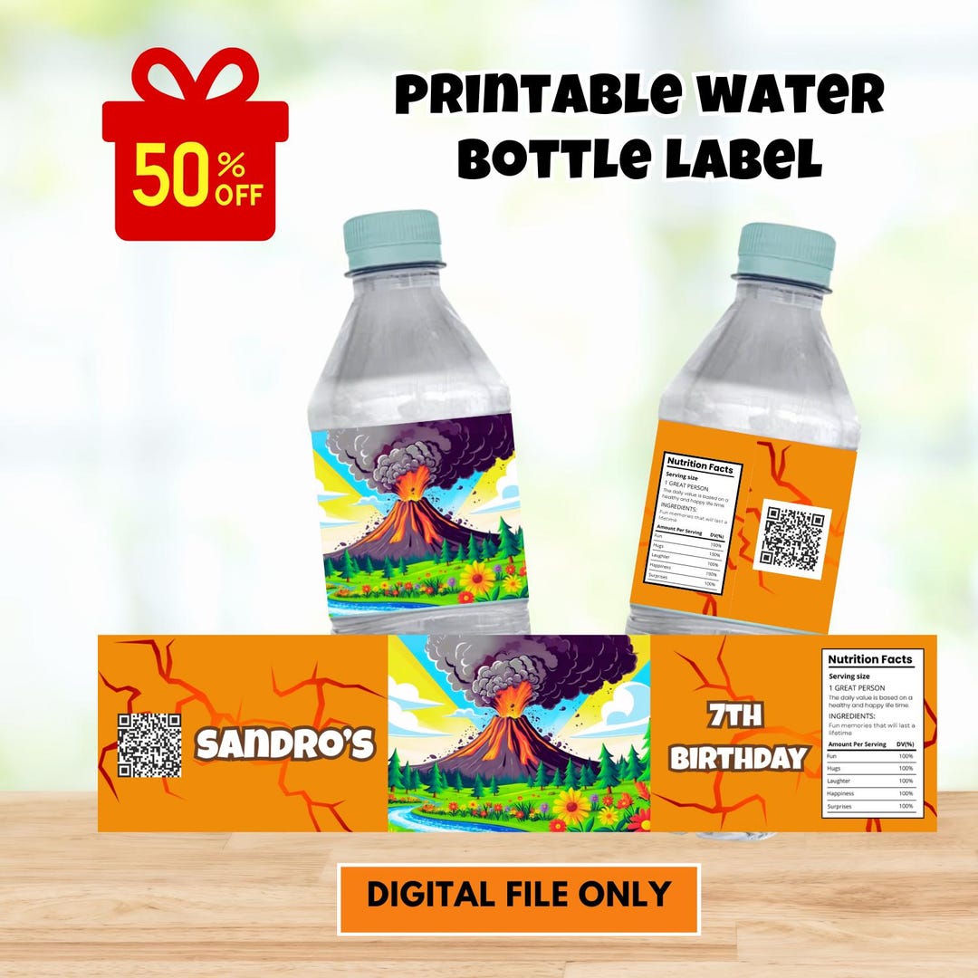 Volcano Water Bottle Label Template, Party Label, Water Label ...