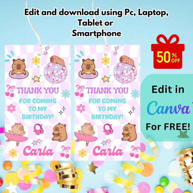Capybara Thank You Tag Template, Printable Capybara Favor Tag Label ...