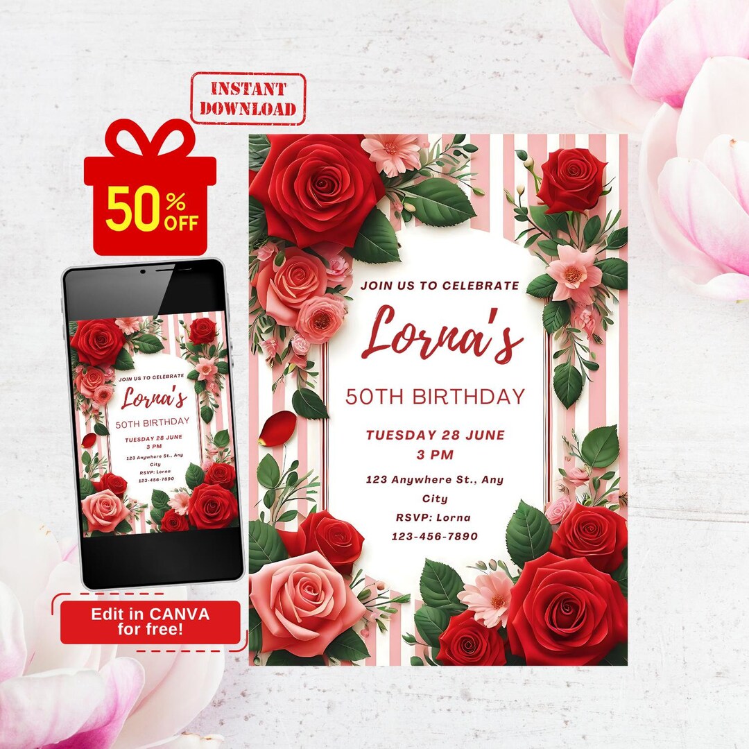 Red Rose Birthday Invitation, Rose Flower Birthday Party Invitation ...
