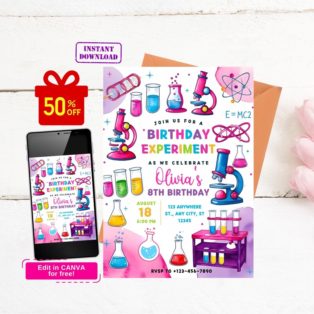 Science Birthday Party Invitation, EDITABLE, Scientifics Party, Girls ...