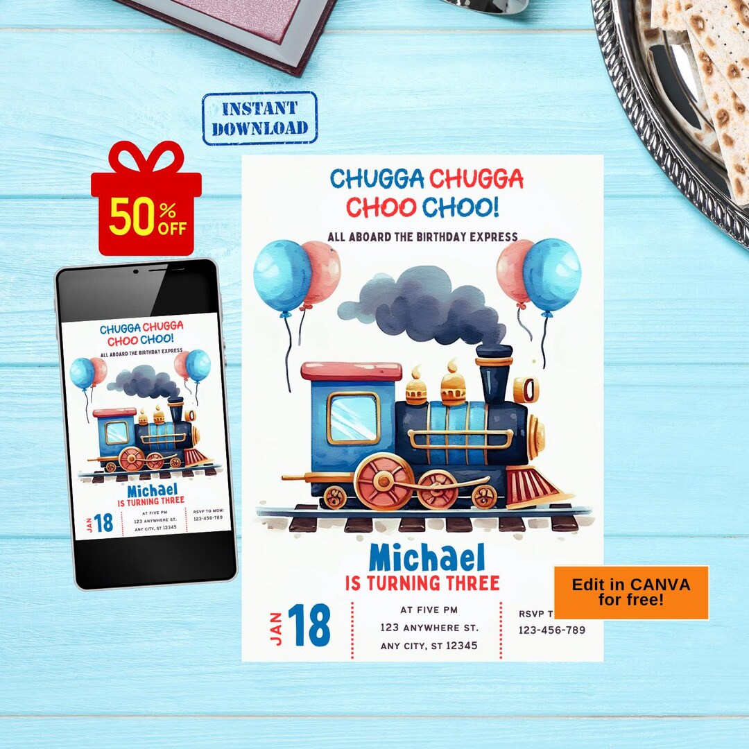 Train Birthday Invitation, Train Birthday Party Invitation, Chugga ...