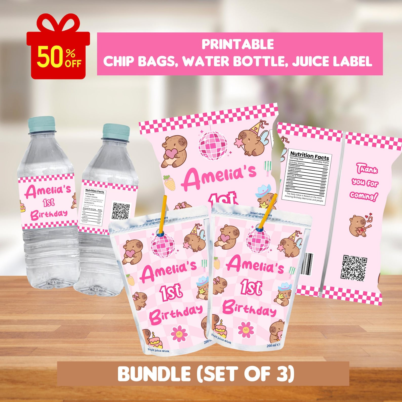 Editable Capybara Birthday Party Bundle Chip Bags Juice Label Water ...