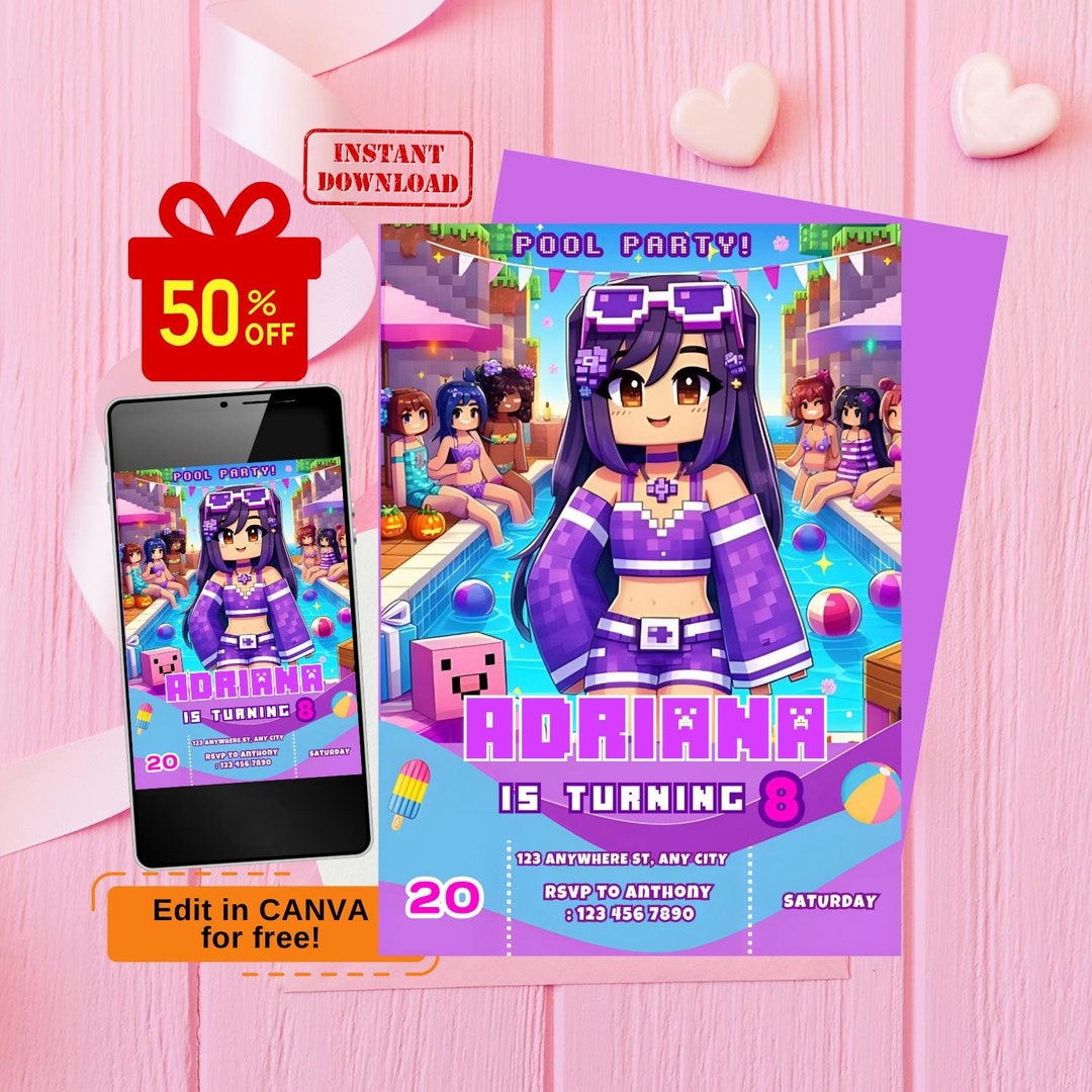Aphmau Birthday Invitation, Minecrafter Pool Party, Aphmau Pool Party ...