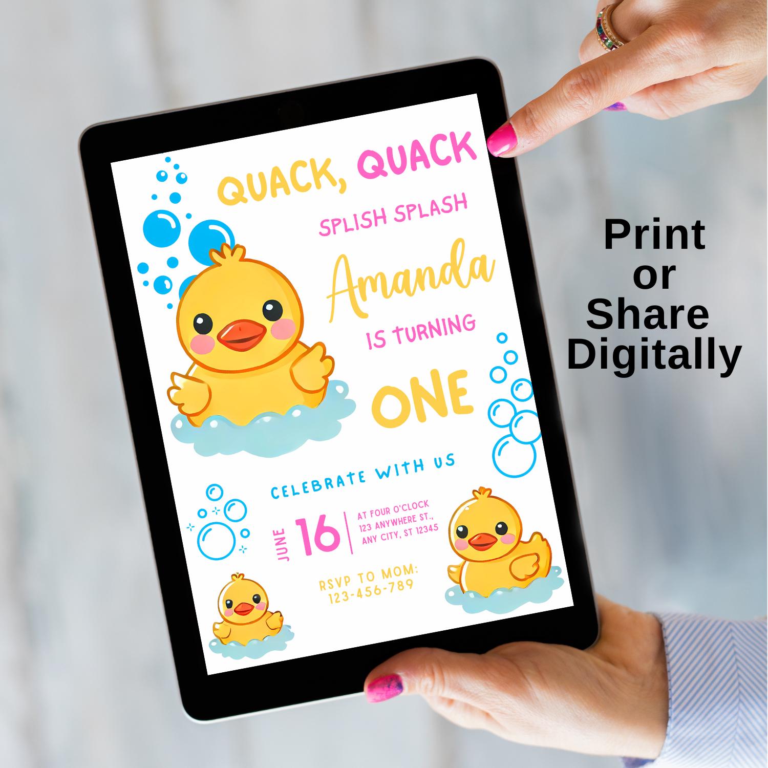 Duck Birthday Invitation, Duck Party Invitation, Duck Invitation, Girl ...
