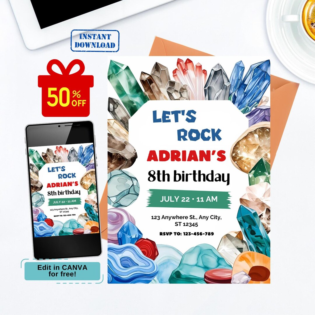 Geology Birthday Invitation, Rock Invite, Geode Crystal Gem Mining Boy ...