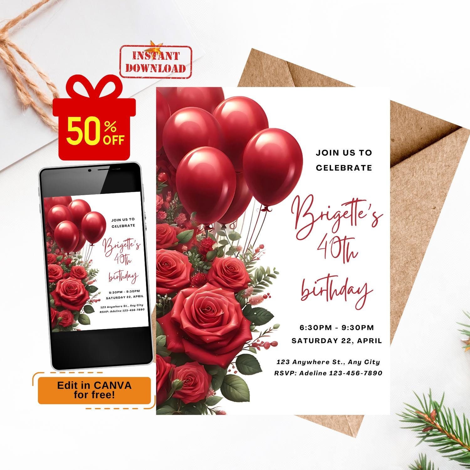 Red Rose Birthday Invitation, Rose Flower Birthday Party Invitation ...