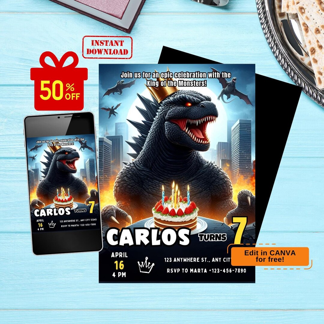 Godzilla Invitation, Godzilla Birthday Invitation, Godzilla Printable ...
