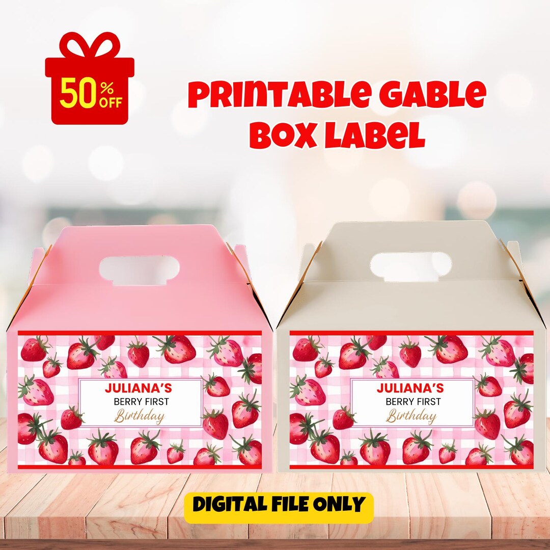 Editable Berry First Birthday Gable Box Labels, Strawberry Gable Box ...
