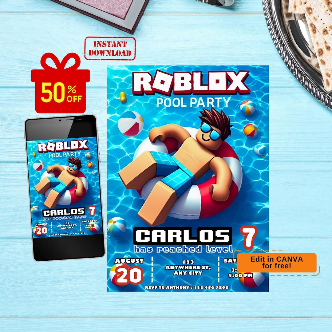 Roblox Pool Party, Roblox Pool Party Invitation, Roblox Birthday ...