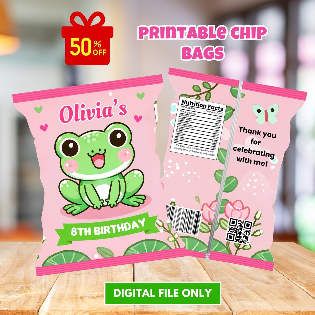 Frog Chip Bag Wrapper Favor Template, Pink Frog Editable Snack Decor ...