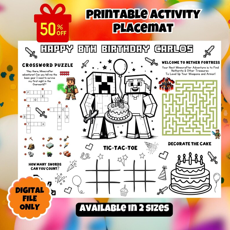 Minecrafter Coloring Activity Placemat ,personalized Minecrafter ...
