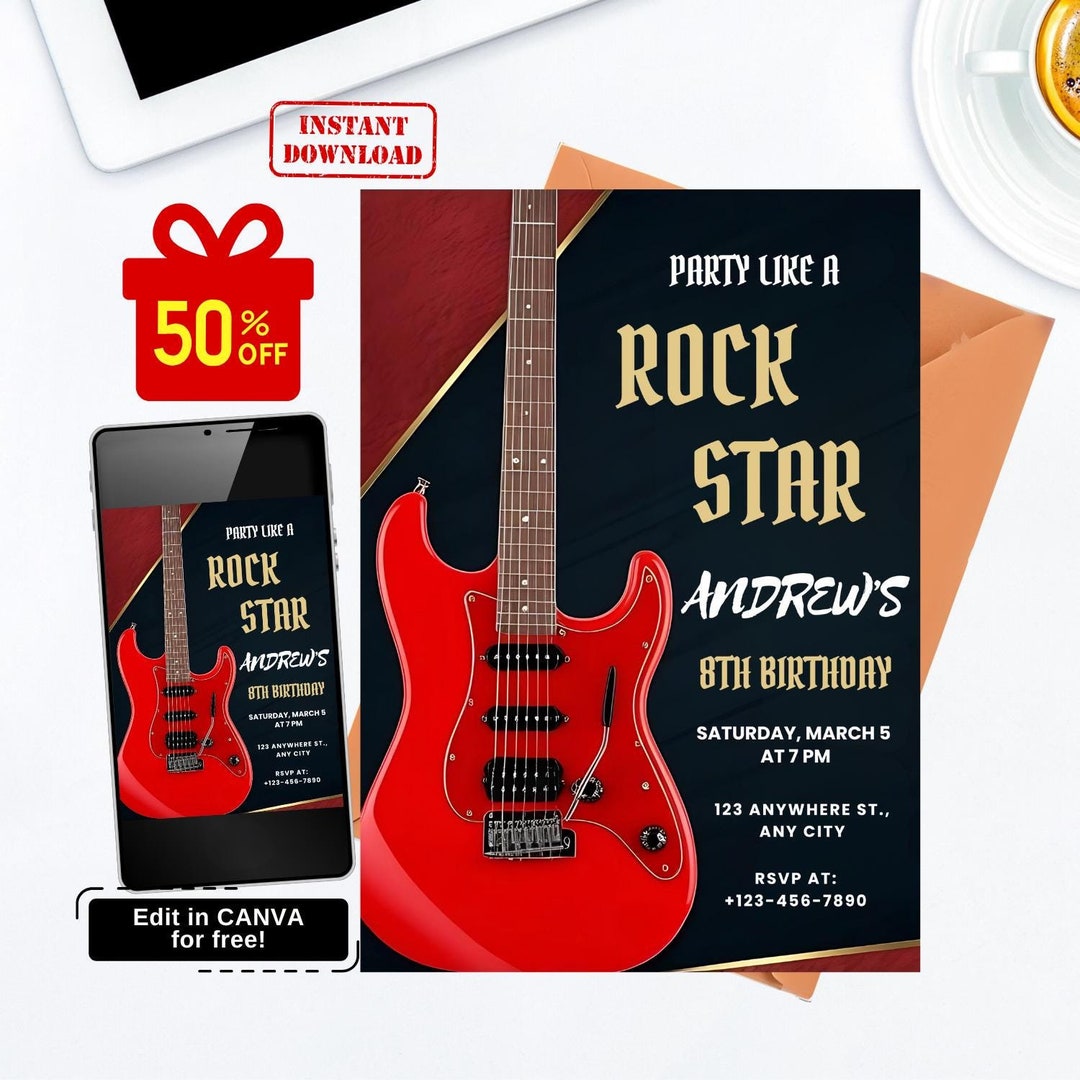 Editable Rock Star Birthday Party Invitation, Party Like A Rockstar ...