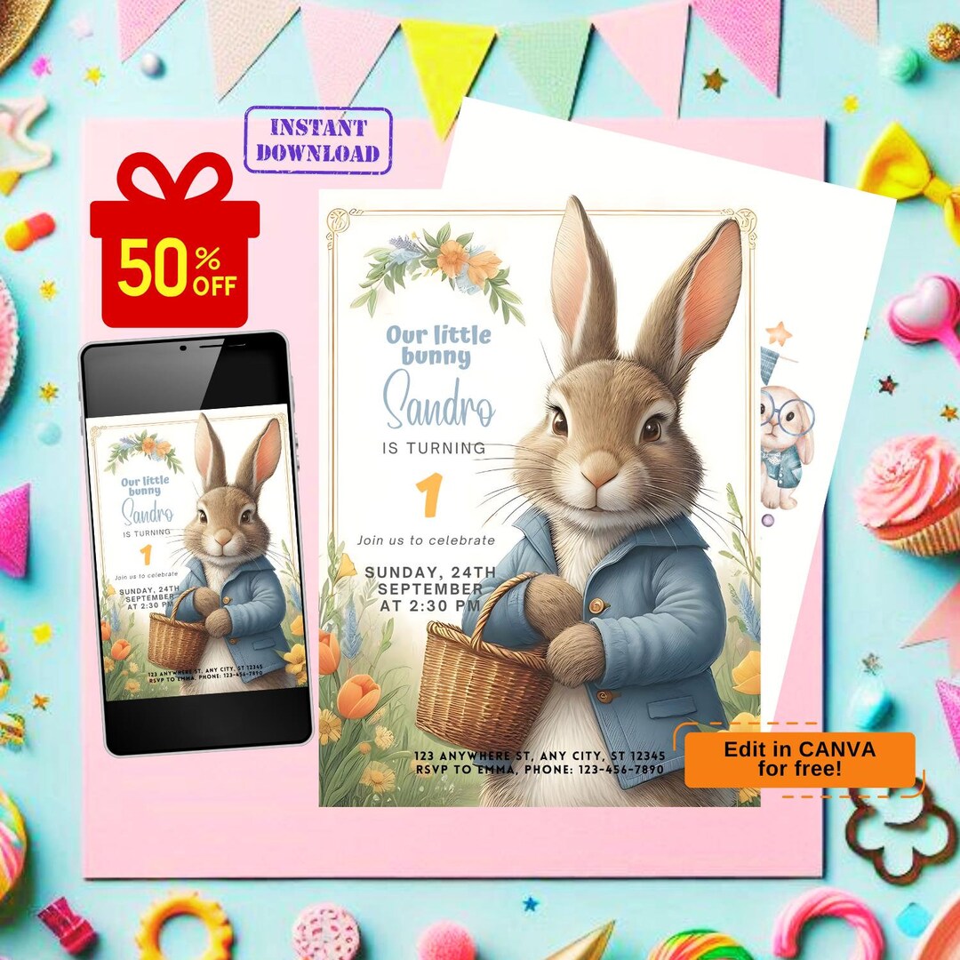 Rabbit Birthday Party Invitation, Rabbit Birthday Invite, Editable ...