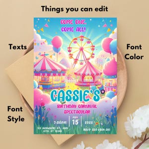 Pink Carnival Birthday Invitation, Circus Birthday Invitation, Carnival ...