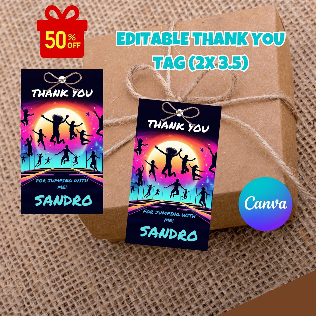 Trampoline Park Thank You Tag for Jump Party Birthday, Gift Bag ...