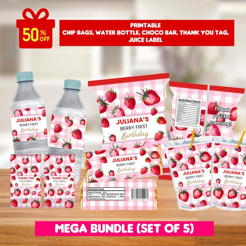 EDITABLE Strawberry Berry First Party Favors Bundle Set of 5. Printable ...