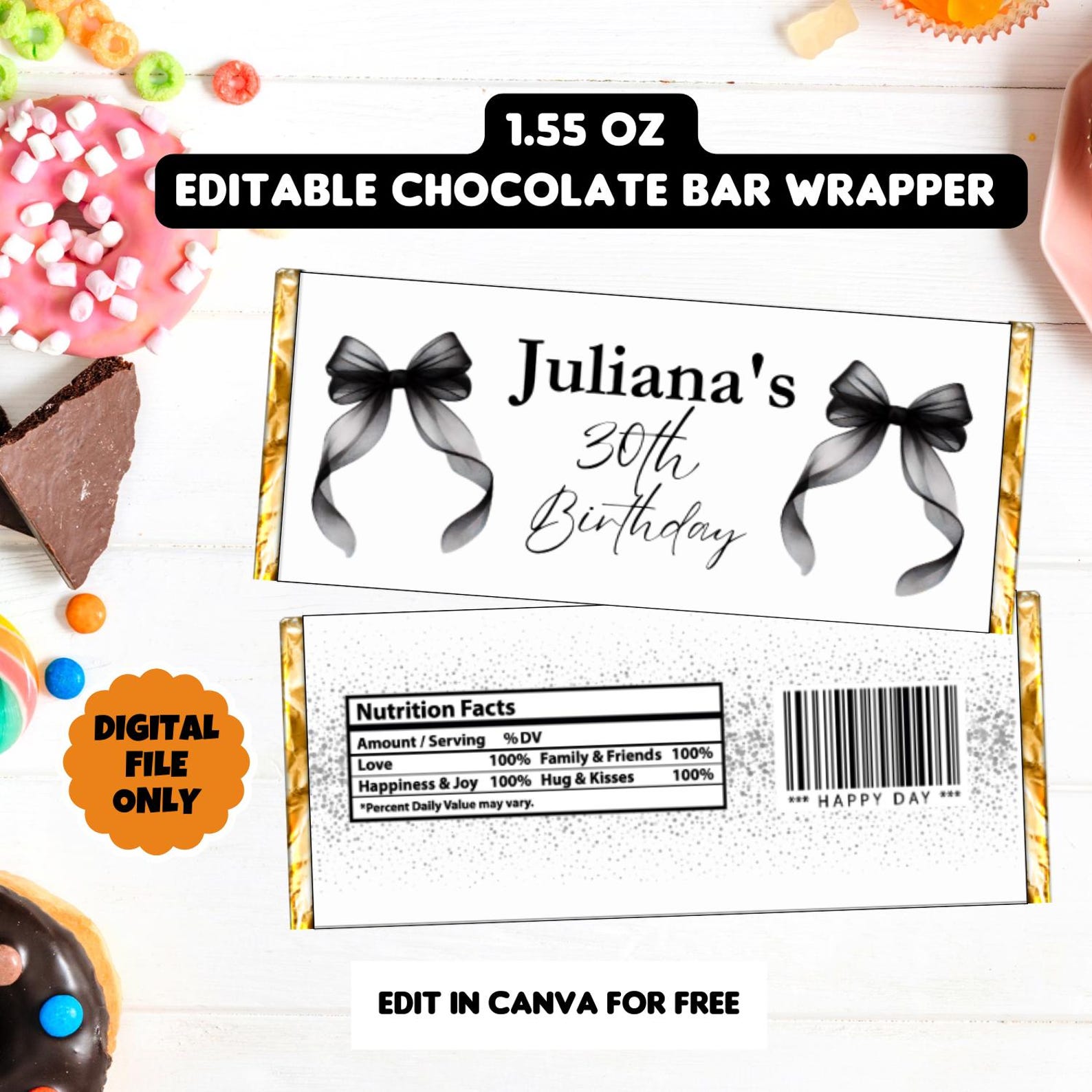 Black Bow Chocolate Wrapper | Editable Candy Bar Wrapper for Parties ...