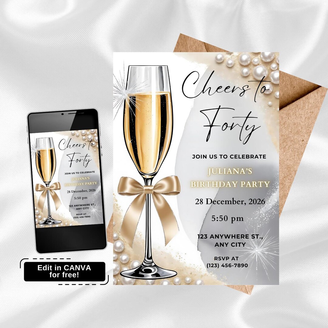Bow and Champagne Birthday Invitation, Champagne Party Invitation ...