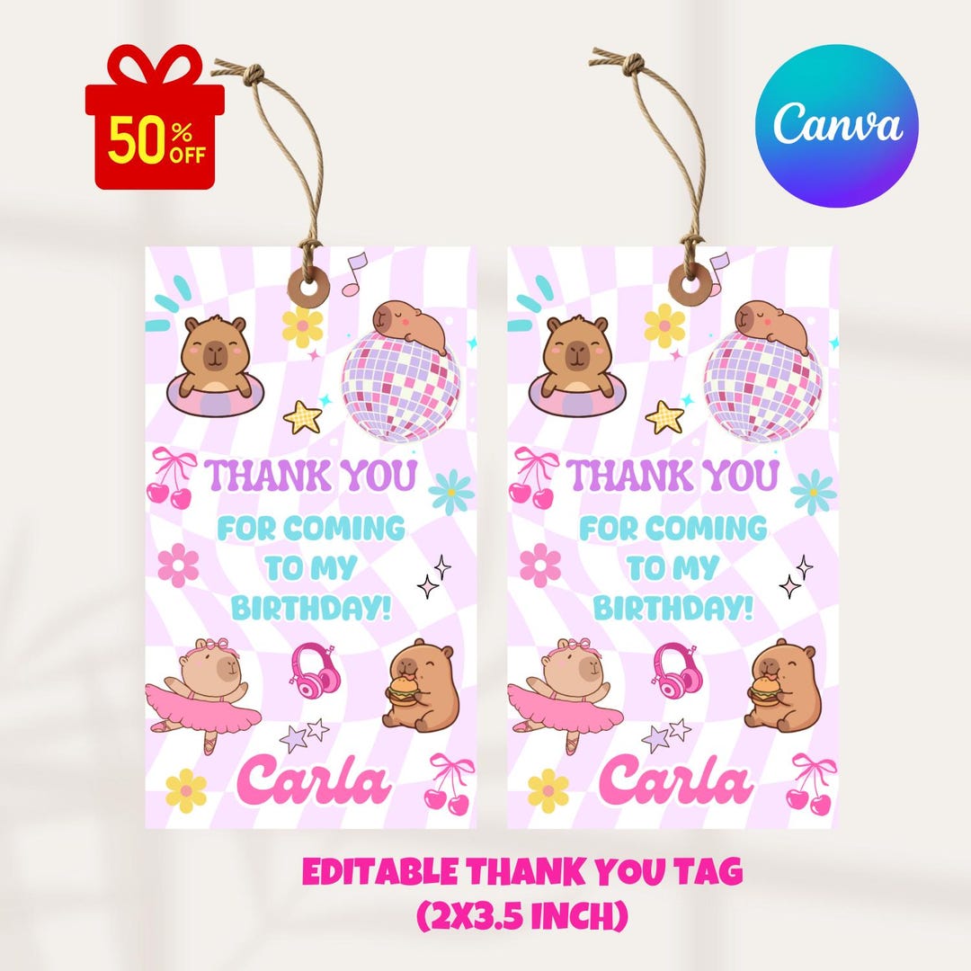 Capybara Thank You Tag Template, Printable Capybara Favor Tag Label ...