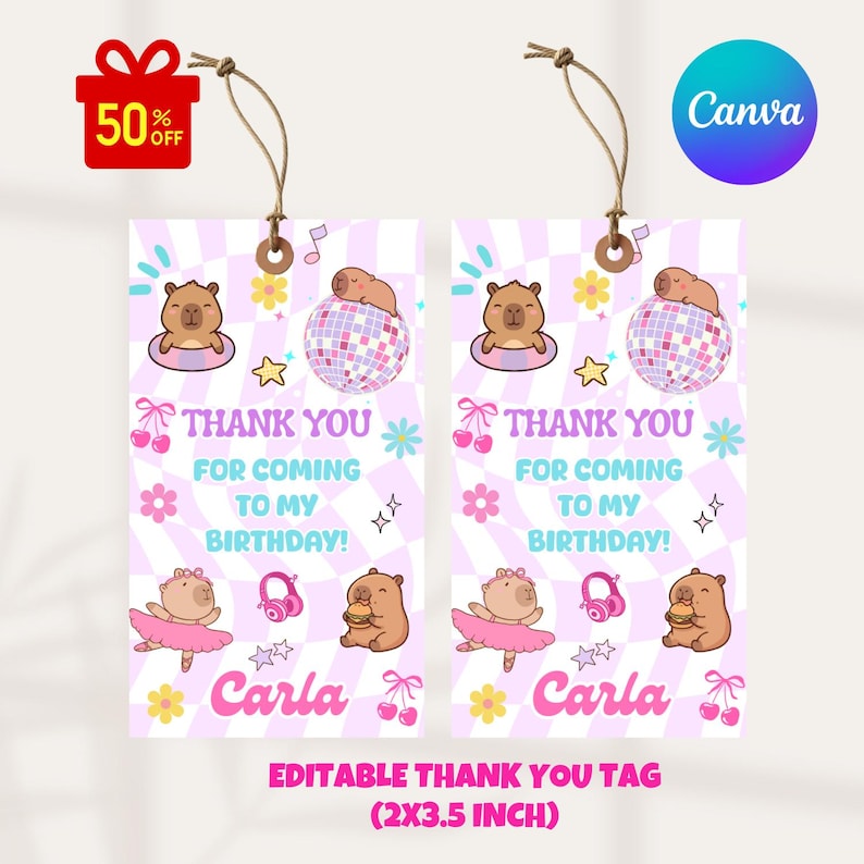 Capybara Thank You Tag Template, Printable Capybara Favor Tag Label ...