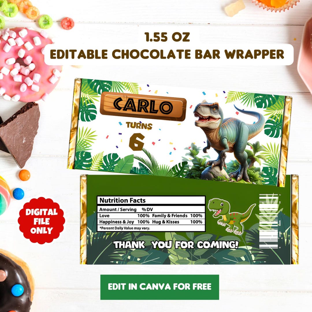 T-rex Chocolate Bar Wrapper, Dinosaur Chocolate Wrapper, Dinosaur Candy ...