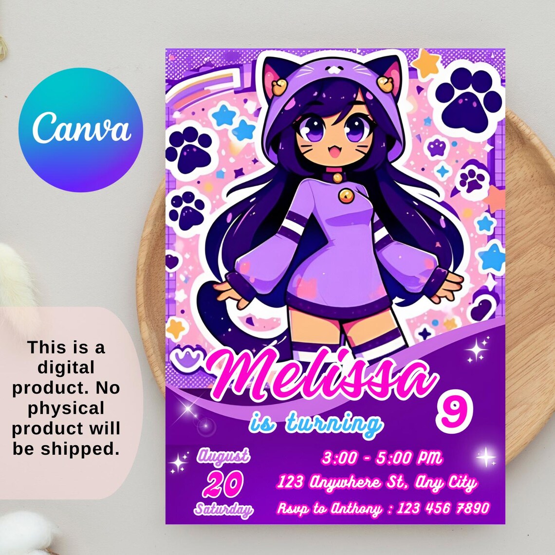 Aphmau Birthday Invitation Printable Catgirl Girl Invitation Canva ...