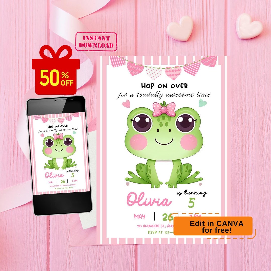 Frog Birthday Invitation, Frog Party Invite, Frog Invitation, Girl ...
