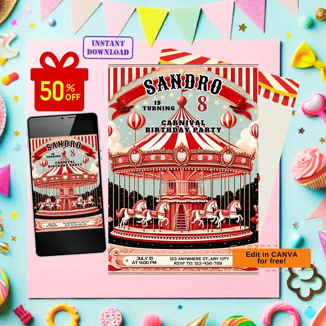 Carnival Birthday Invitation, Carnival Party Invitation, Carousel ...