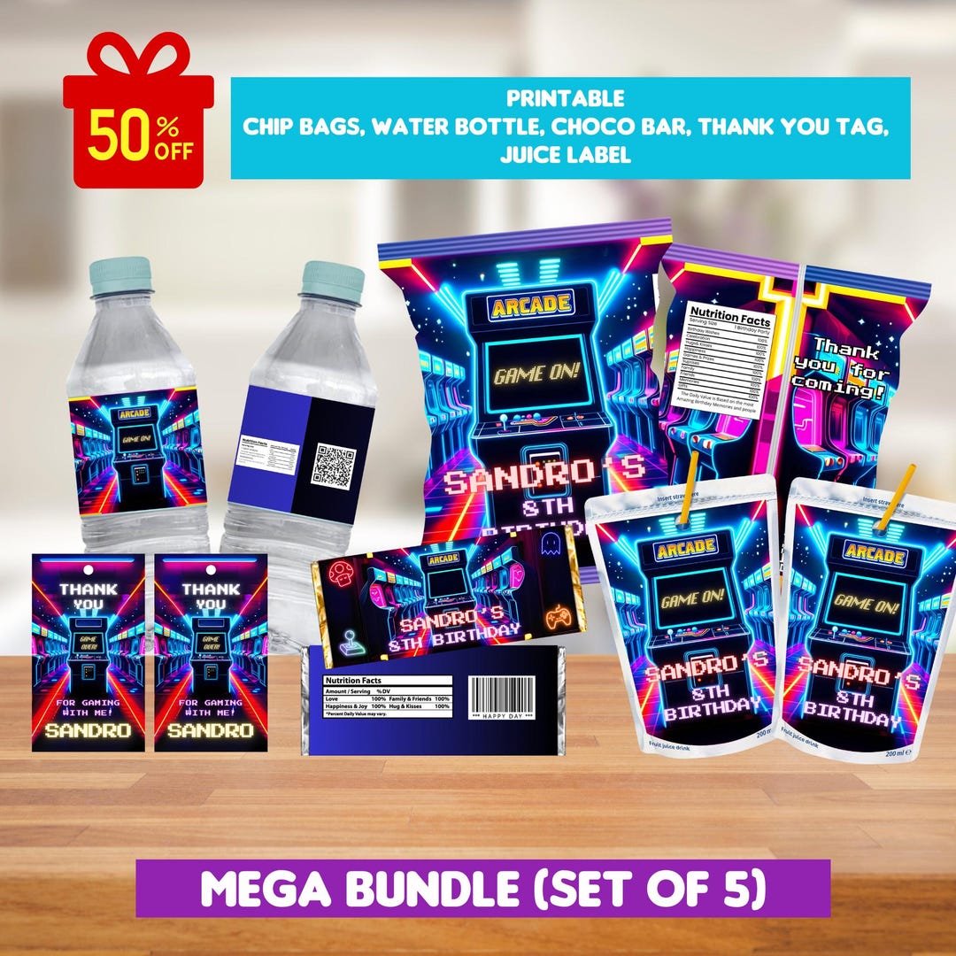 Editable Arcade Birthday Party Bundle, Printable Arcade Party Chip Bag ...