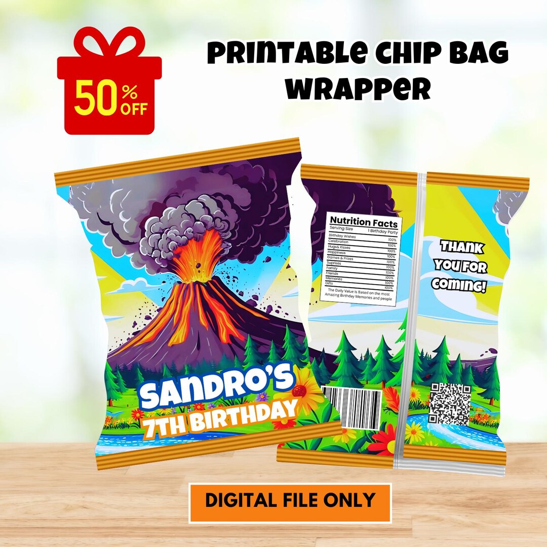 Volcano Chip Bag Template, Party Label, Chip Bag Label, Printable Digital File, Volcano Party ...