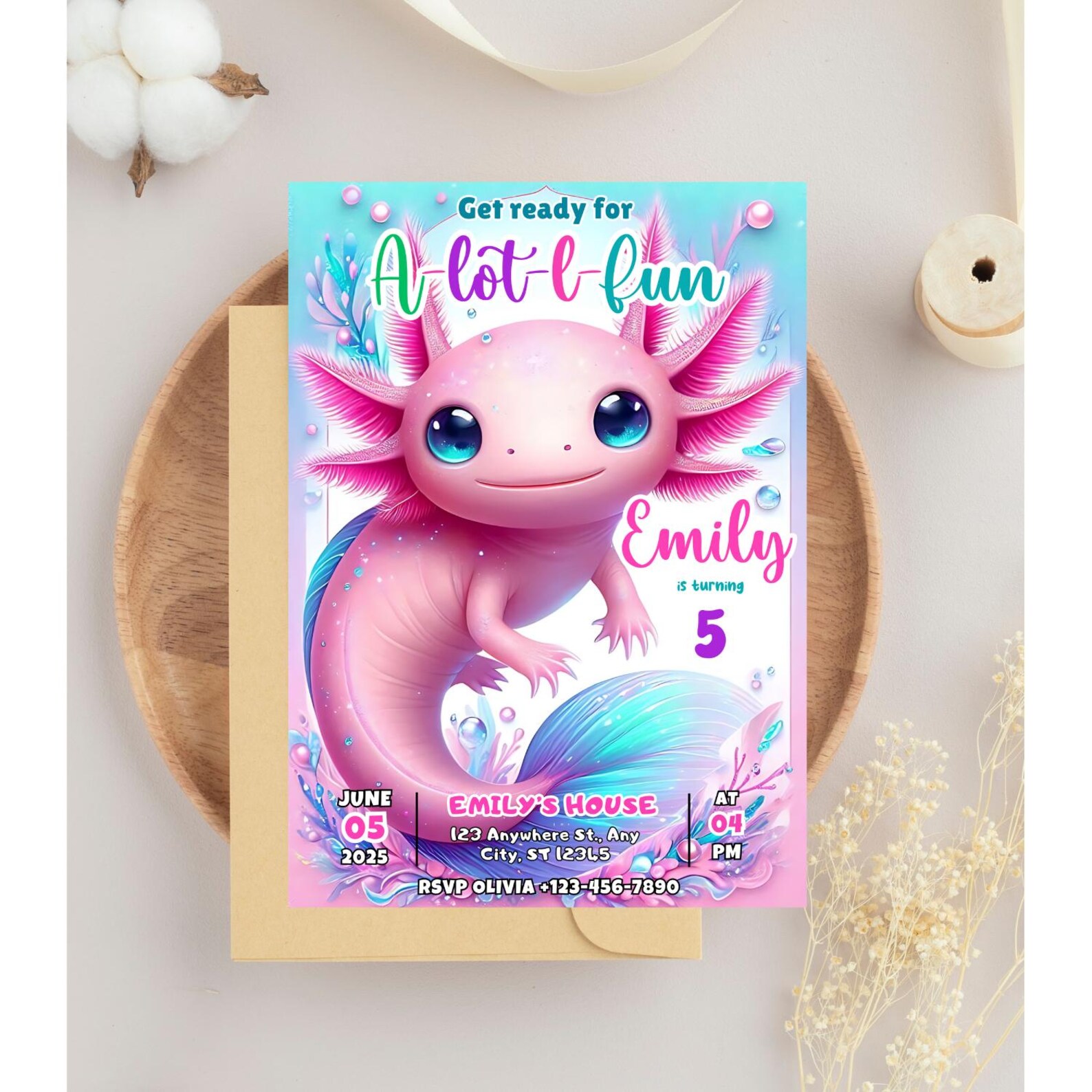 Axolotl Birthday Invitation Pastel for Girl Editable Pink Axolotls ...