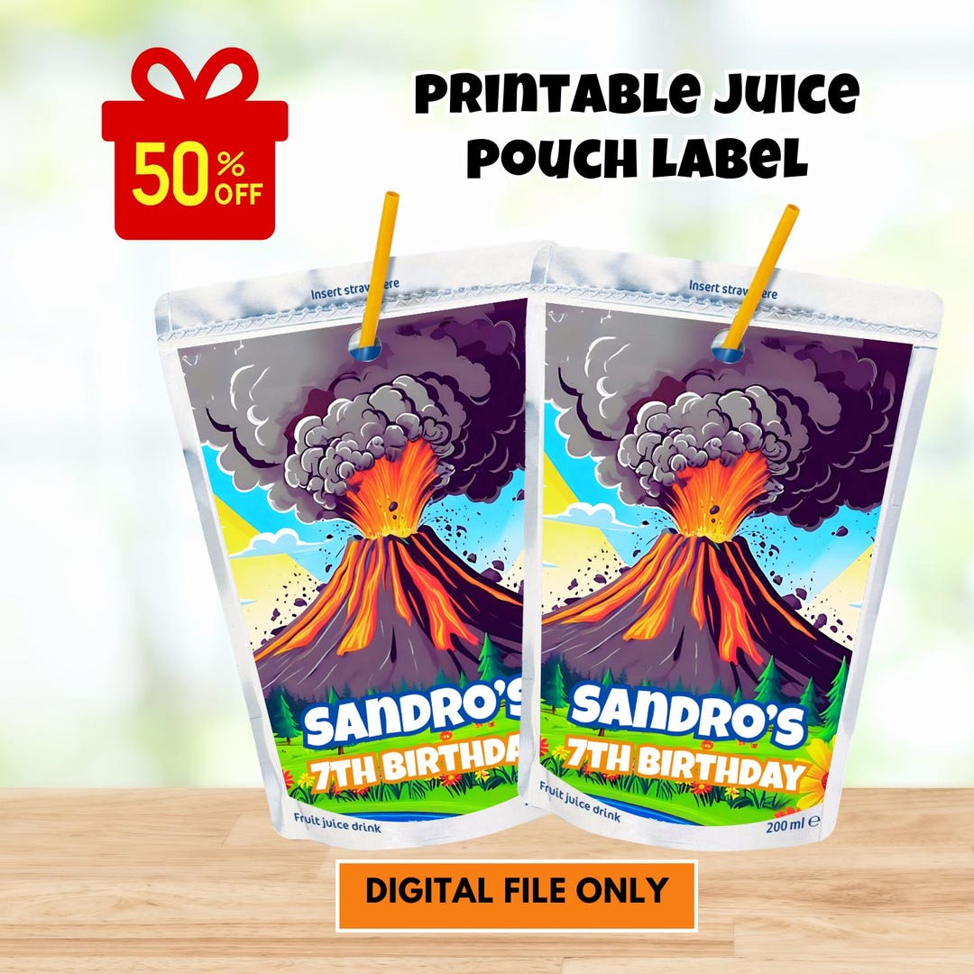 Volcano Juice Pouch Label Template, Party Label, Juice Label, Printable ...