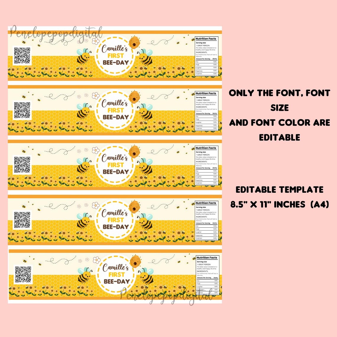 Editable Bee Birthday Bundle, Honey Bee One Birthday Pack, Party Bundle ...