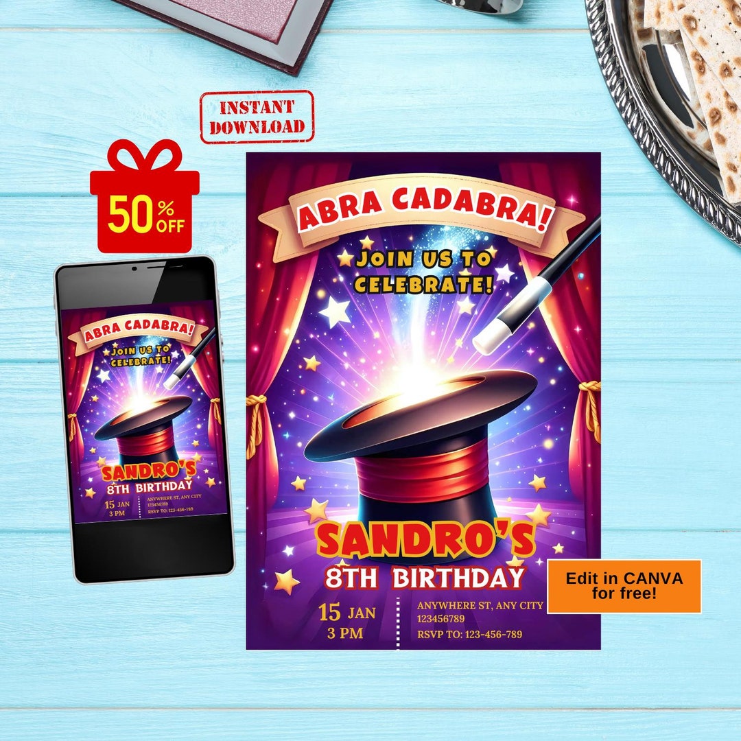 Magic Show Birthday Invitation: Editable Canva Template (digital ...