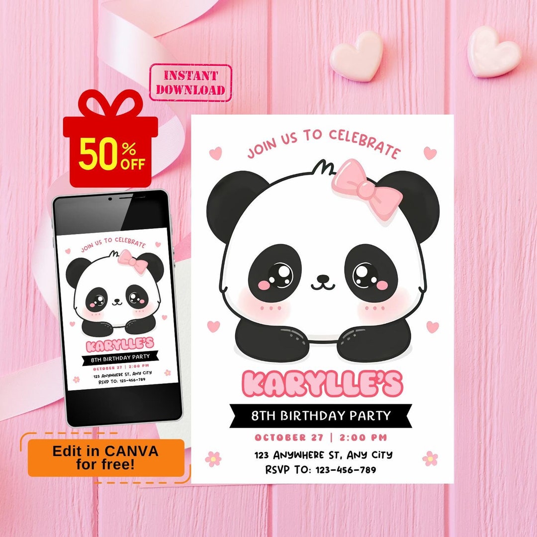 Panda Birthday Invitation, Panda Party Invite, Panda Invitation, Girl ...